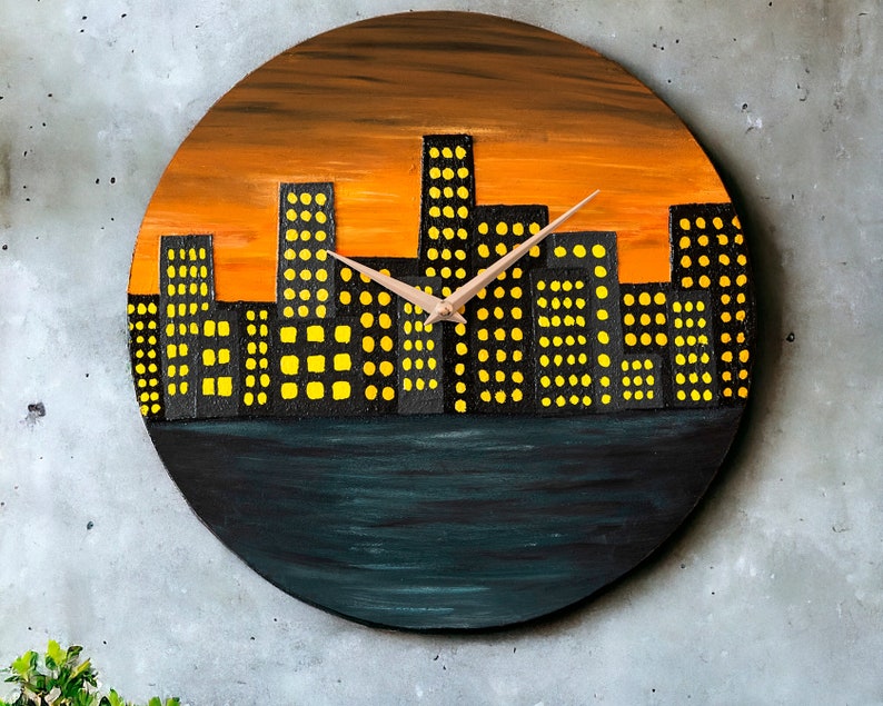 Textured Wall Clock With a City Skyline Theme at Sunset, Textured Round ...