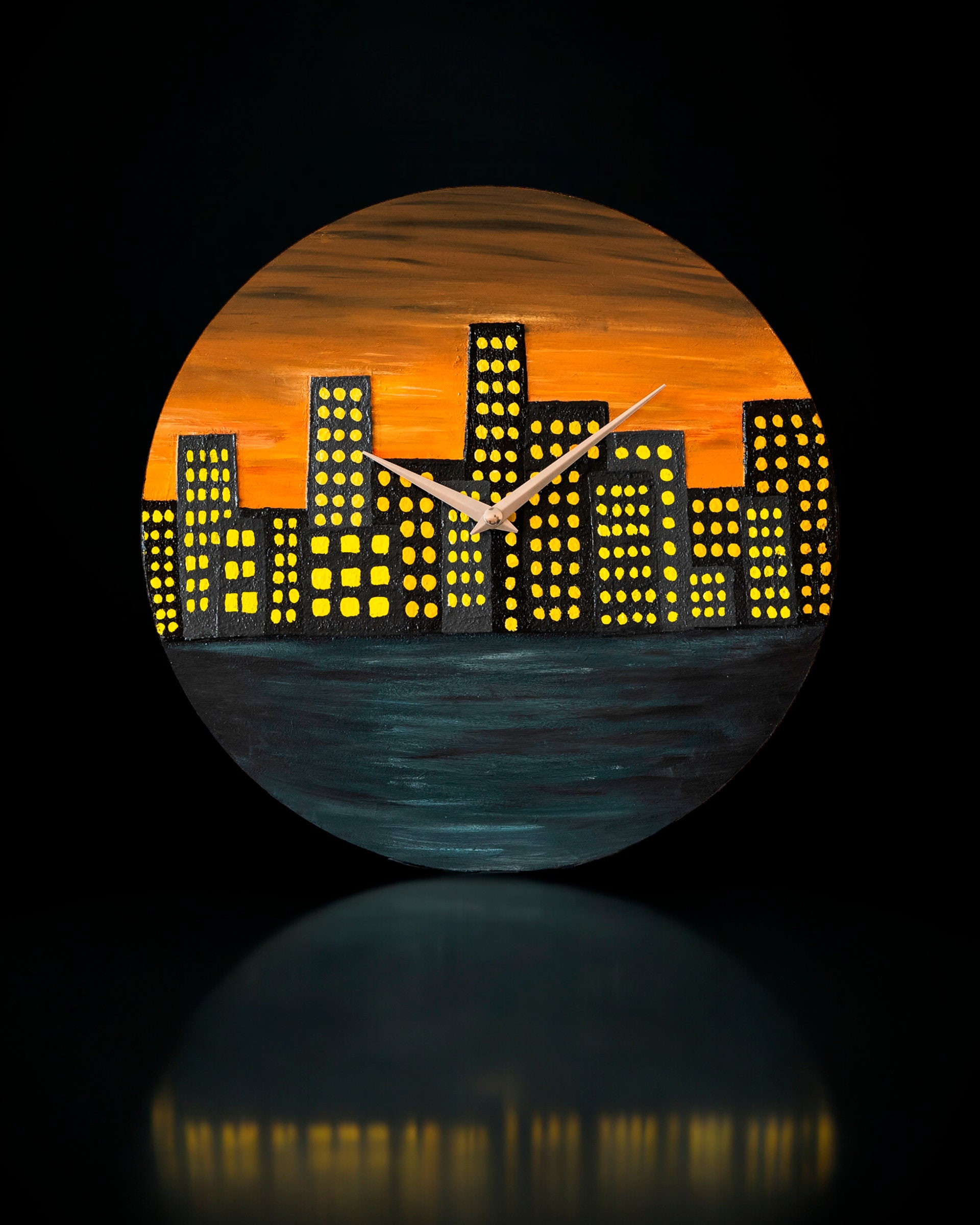 Textured Wall Clock With a City Skyline Theme at Sunset, Textured Round ...