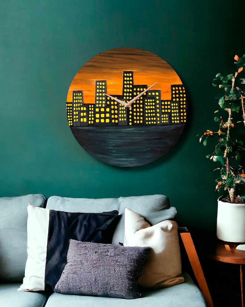Textured Wall Clock With a City Skyline Theme at Sunset, Textured Round ...