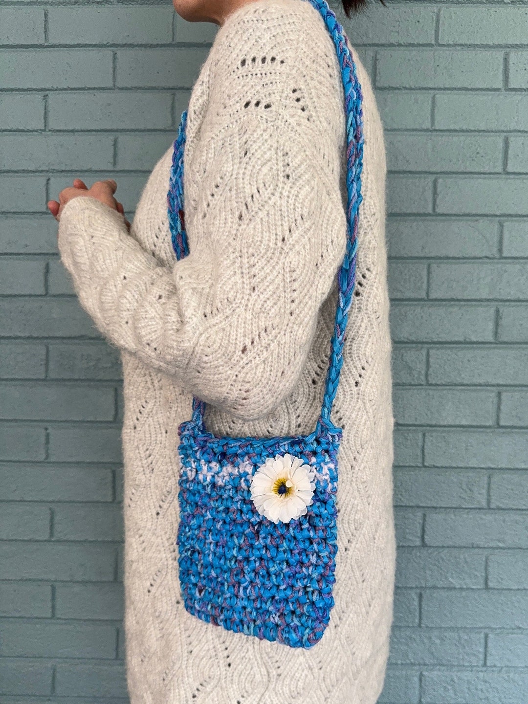 Blue Plarn Small Bag plastic Yarn Upcycled White Crochet Bag Made With ...