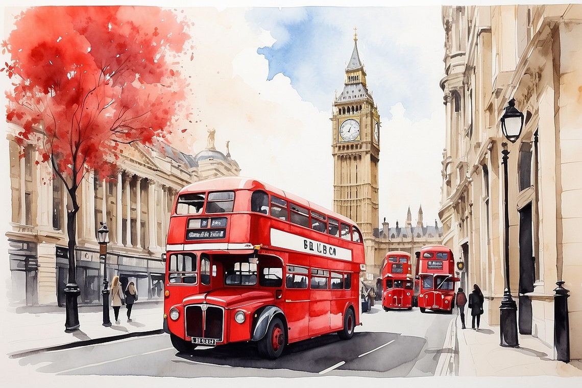 New London Watercolor Painting, London City Art, London Red Bus - Etsy