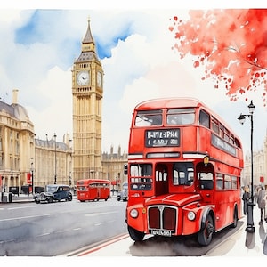 New London Watercolor Painting, London City Art, London Red Bus - Etsy