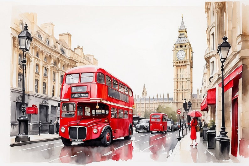 New London Watercolor Painting, London City Art, London Red Bus - Etsy