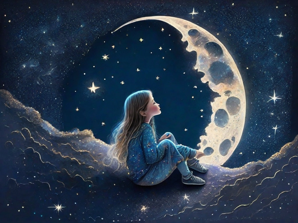 Customized Girl Sitting on the Moon, Digital, Prints, Media, Canvas ...