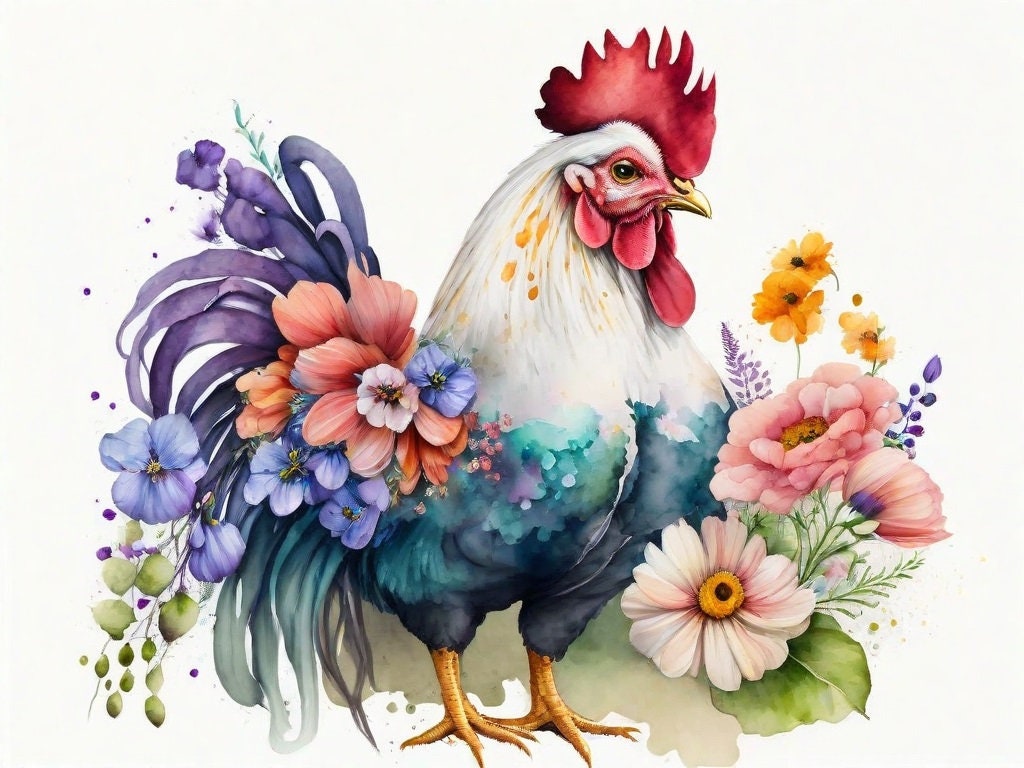 Watercolor Painting of a Chicken With Flowers, 12 High Quality PNG ...