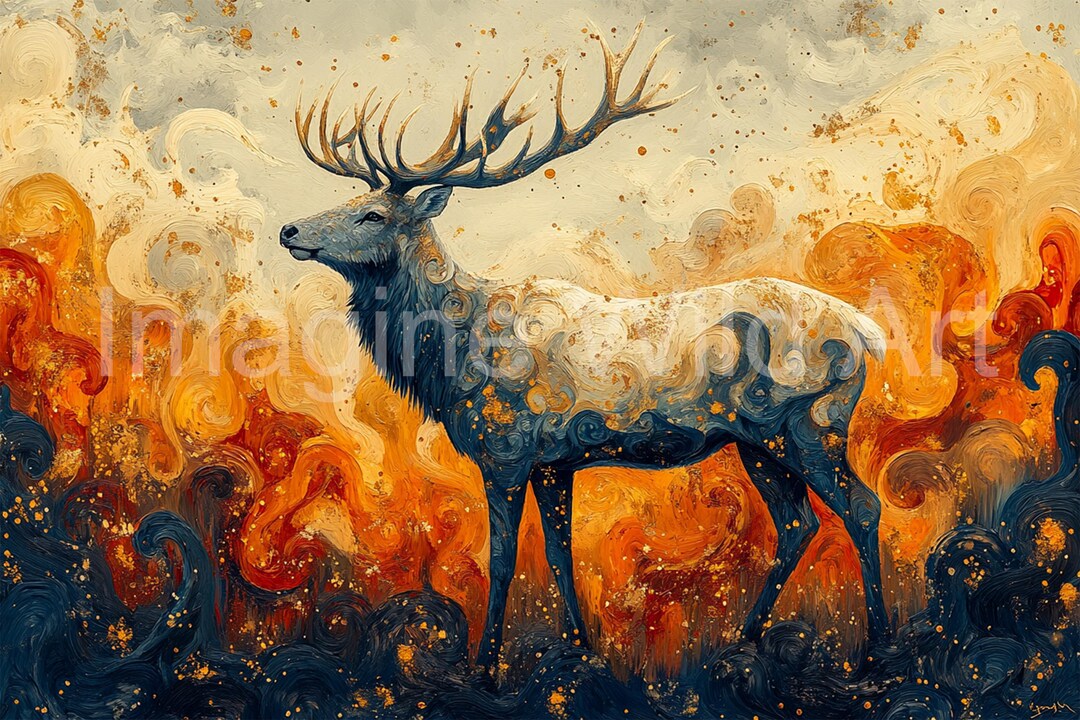 Elk in Fiery Orange and Deep Blue Hues, Canvas Wall Art Print, Elk ...