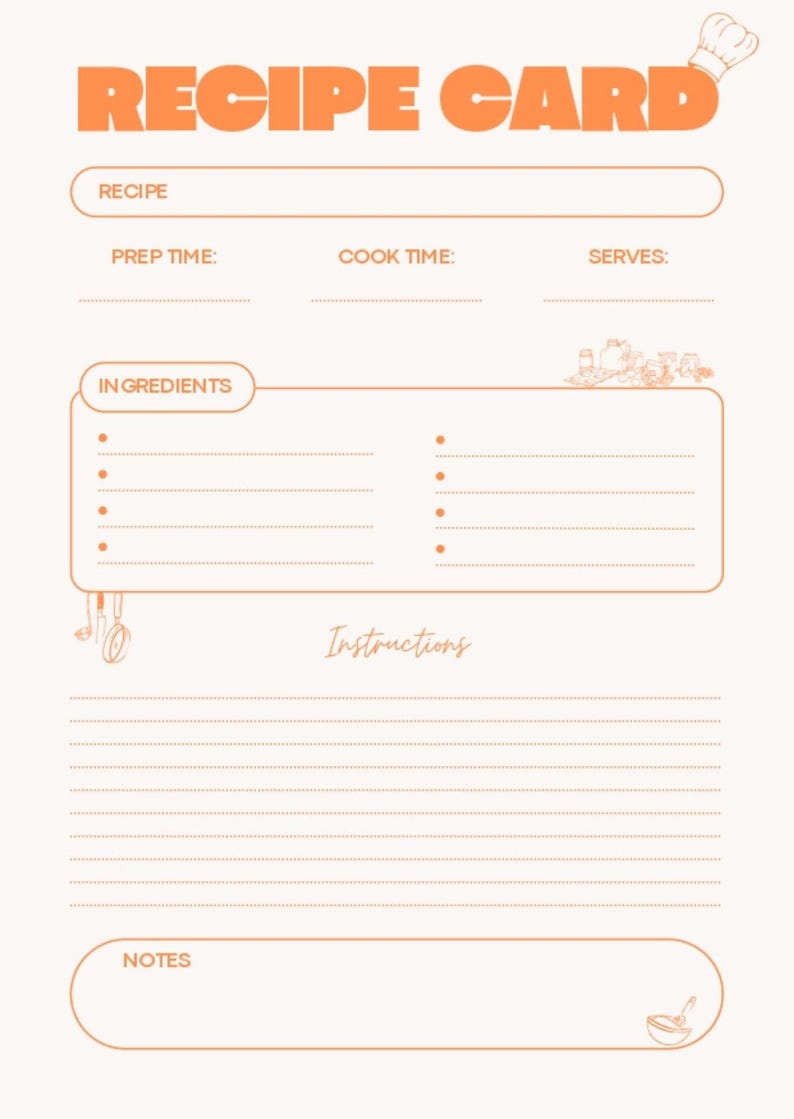Recipe Card, Recipe Template Sheet, Digital Recipe Card Instant ...
