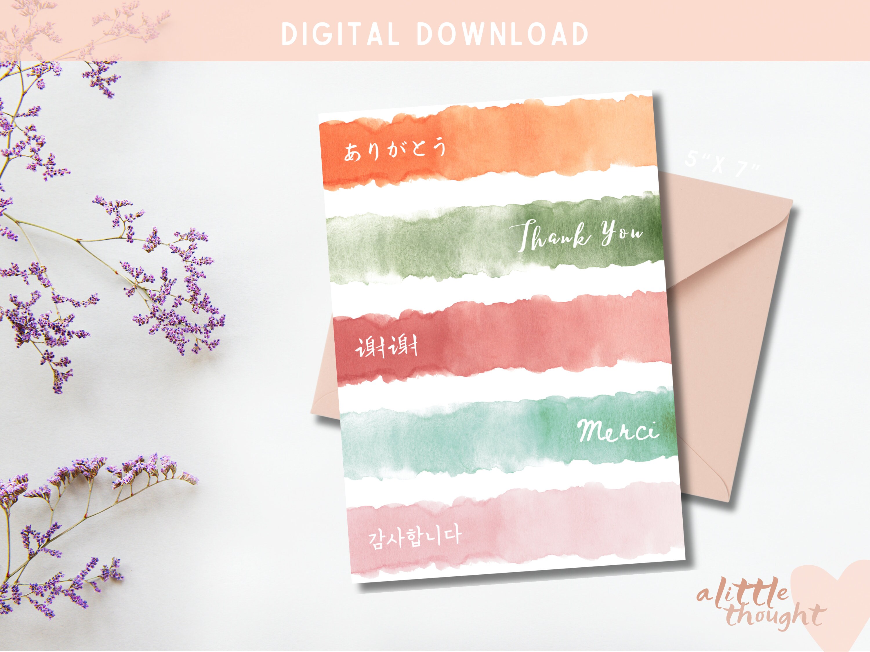 Printable Thank You Card, Thank You in Four Languages, Watercolor Card ...