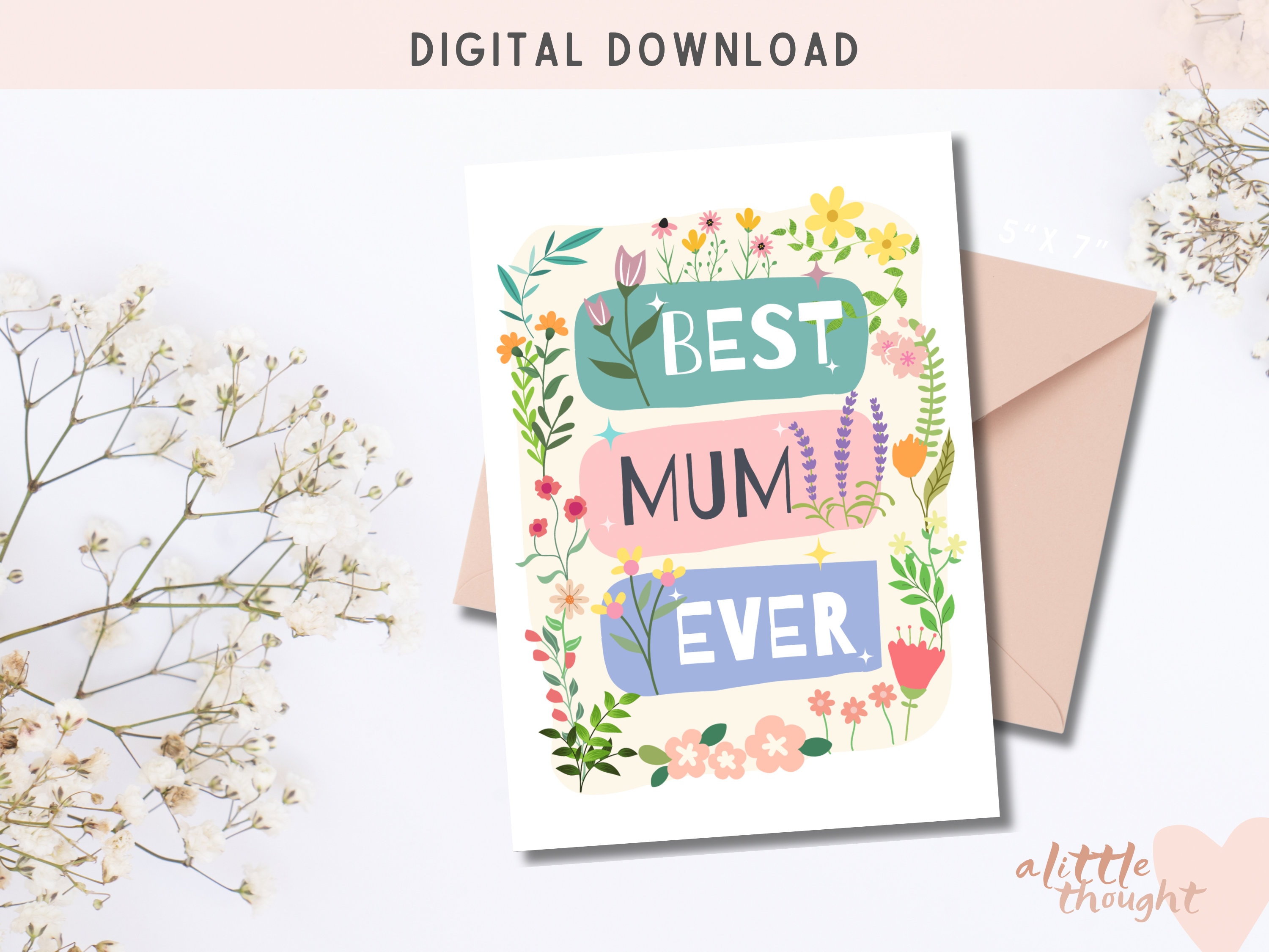 Printable Best Mum Ever Card, Floral Mother's Day Card, Instant Digital ...