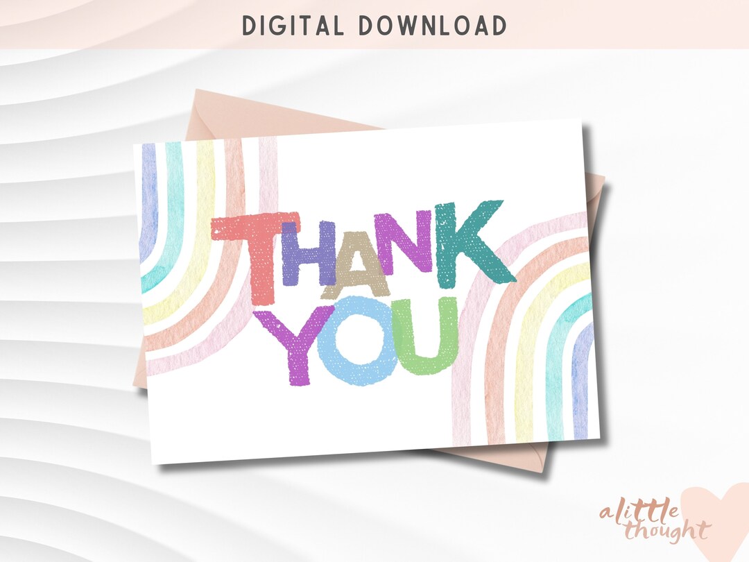 Printable Thank You Card, Colorful Rainbow, Crayon Letterings, Instant ...