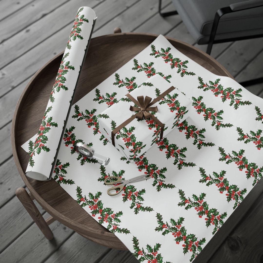 Holly Christmas Wrapping Paper, White With Holly - Etsy