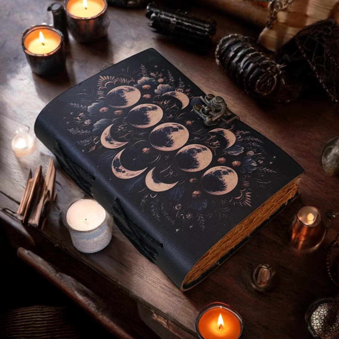 400 Page Large Grimoire Vintage Leather Journal, Moon Phase Handmade ...