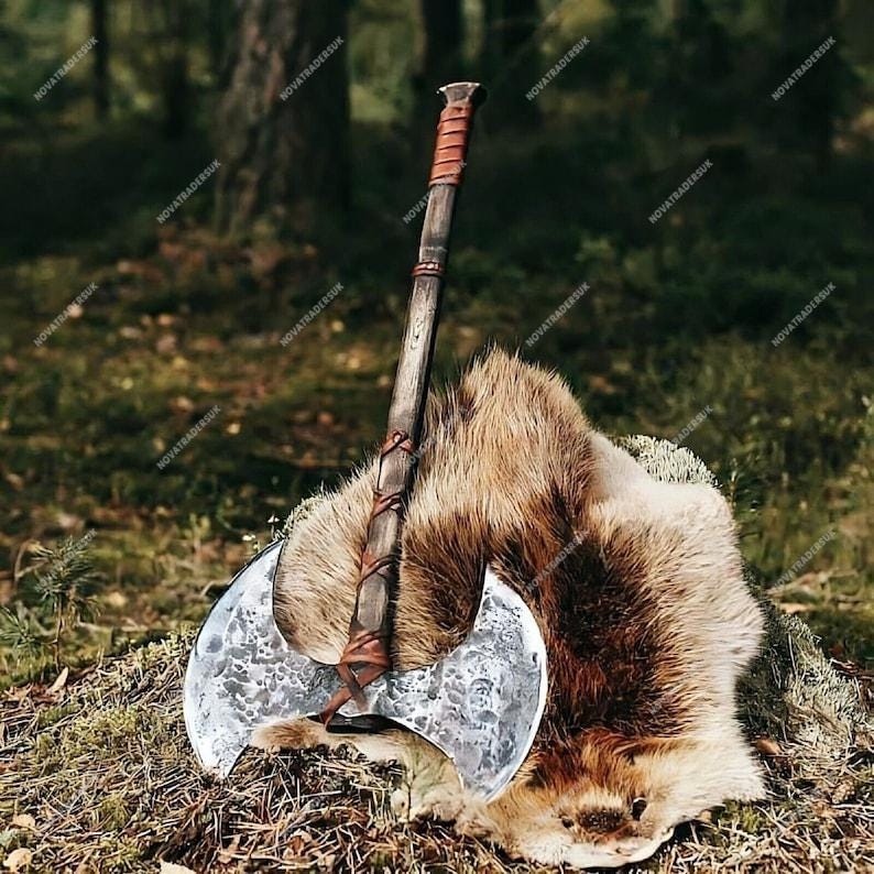 DOUBLE HEADED AXE With Leather Sheath, Long Leather Wrapped Wooden ...