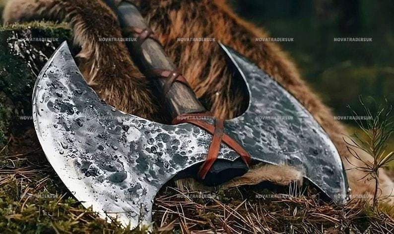 DOUBLE HEADED AXE With Leather Sheath, Long Leather Wrapped Wooden ...