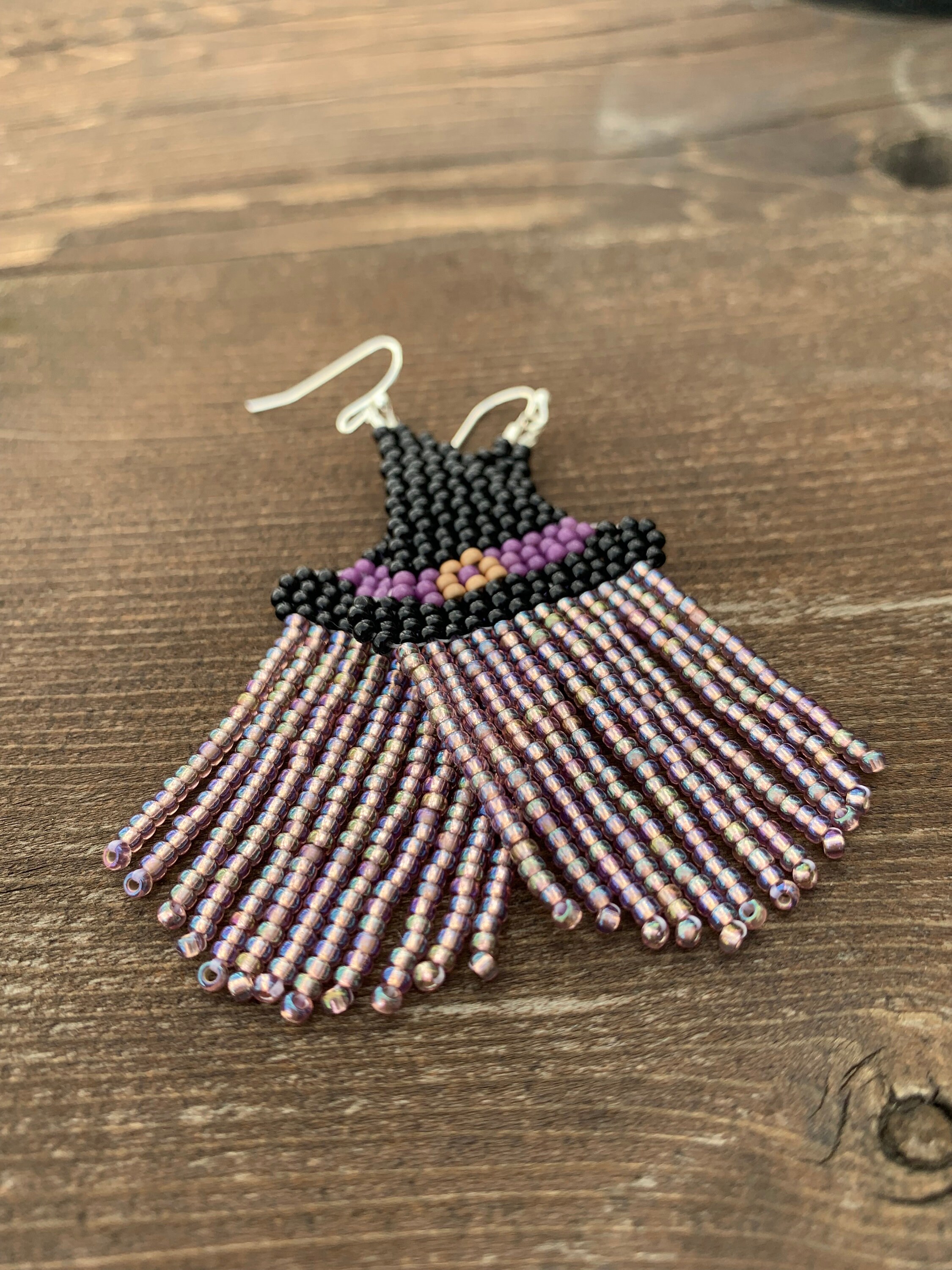 Witchs Hat Beaded Earrings // Witch Fringe Earrings // Short Fringe ...
