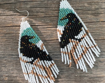 Megan Raven Fringe Earring // Beaded Crow Earring // Hand Beaded Bird ...