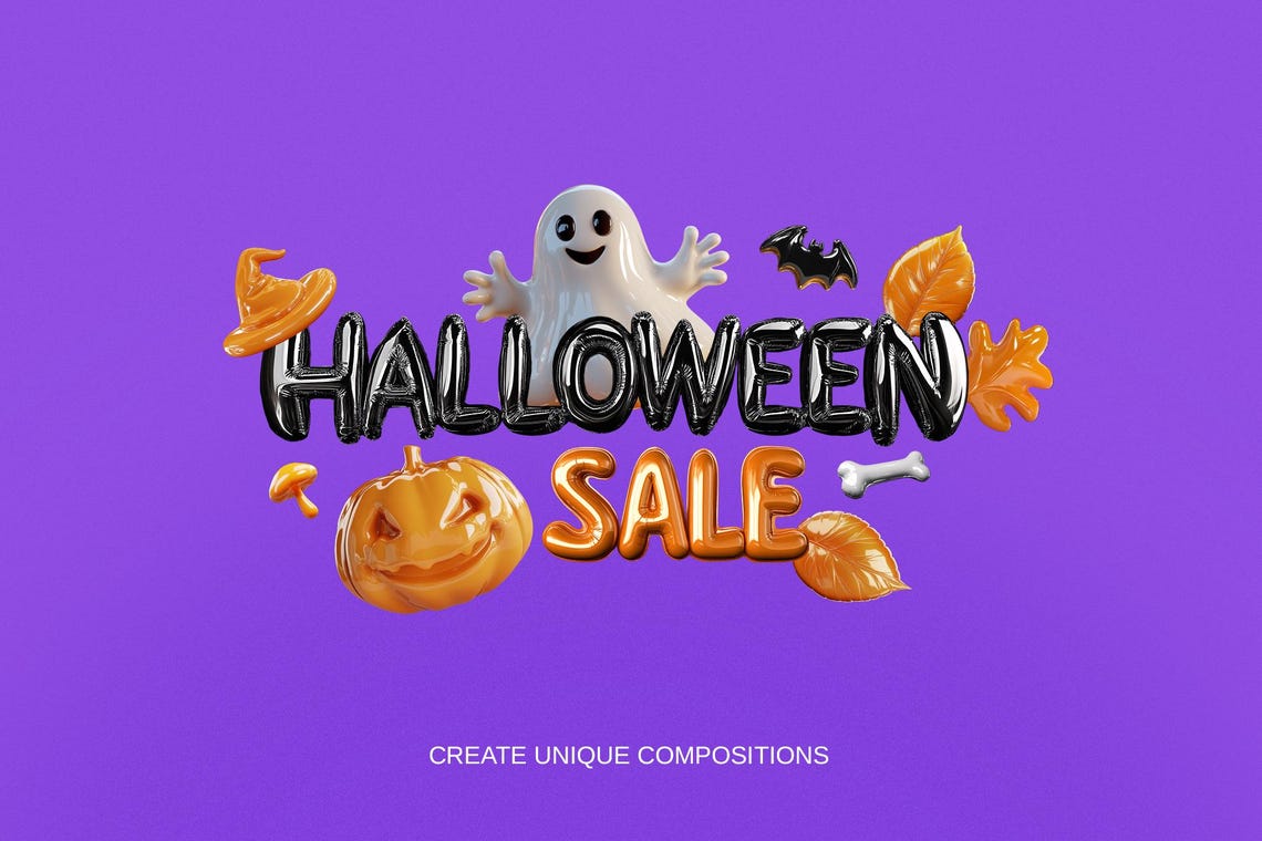 Halloween Clipart PNG Set, Cute 3D Inflated Clipart, Witch Clipart ...