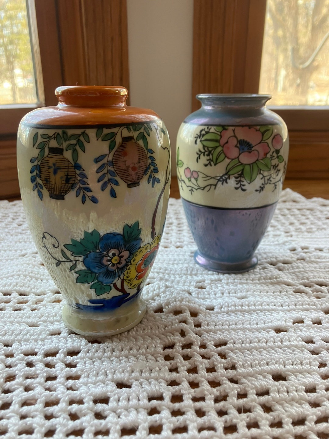 Set of 2 Vintage Lusterware Vase Peach and Blue W Floral Motiff Japan 8 ...