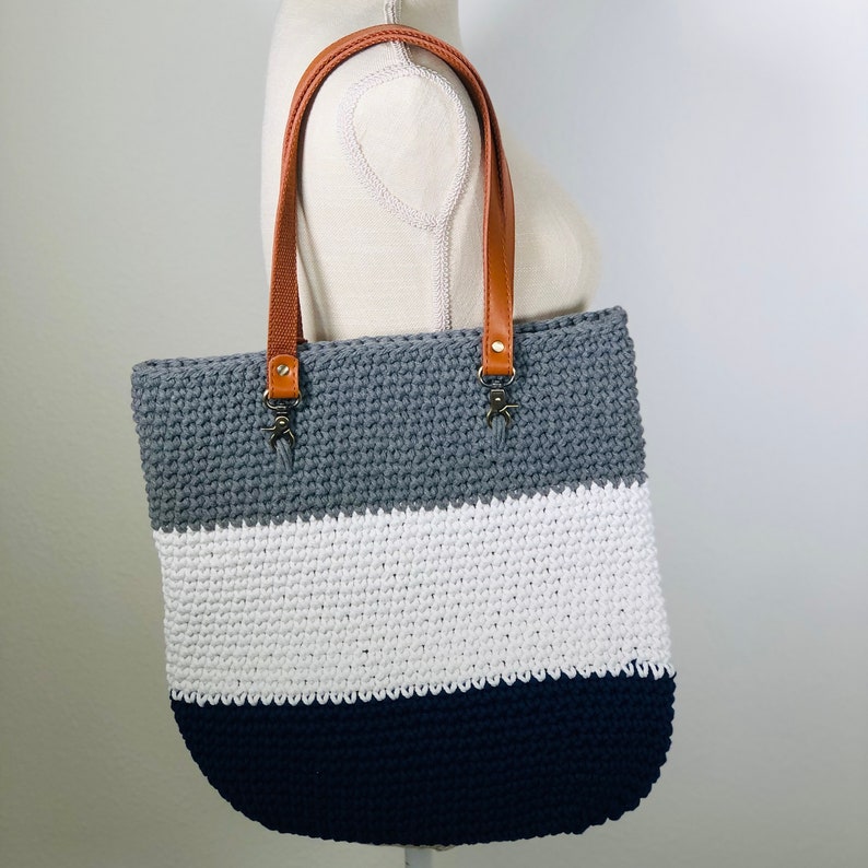 Macrame Crochet Tote With Brown Leather Strap Handles, Handmade Tote ...