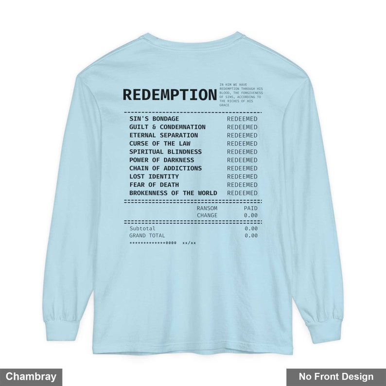 Redeemed Tee Shirt Christian Receipt Shirt Comfort Colors Long Sleeve ...