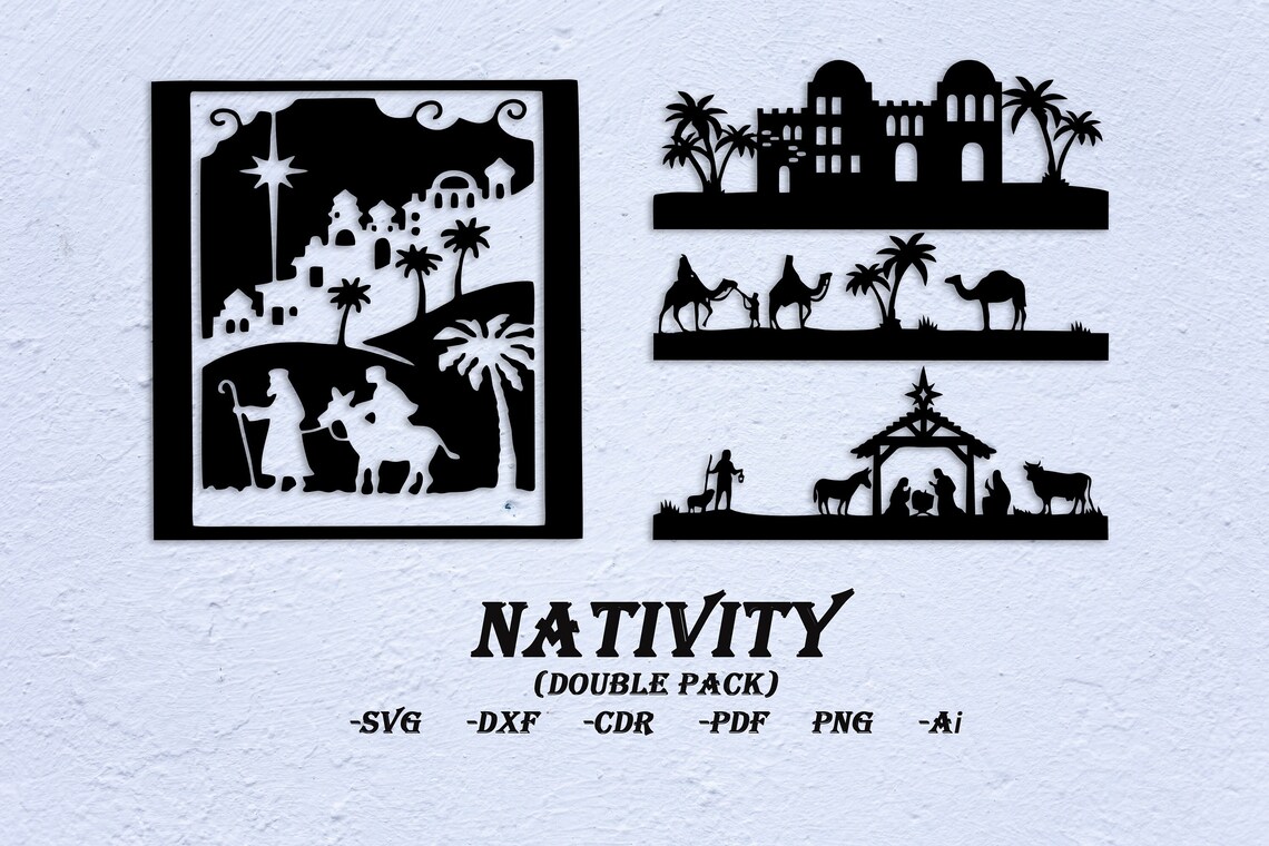 Nativity 2 Pcs Svg Cut Dxf File Wall Sticker Pdf Silhouette Engraving ...