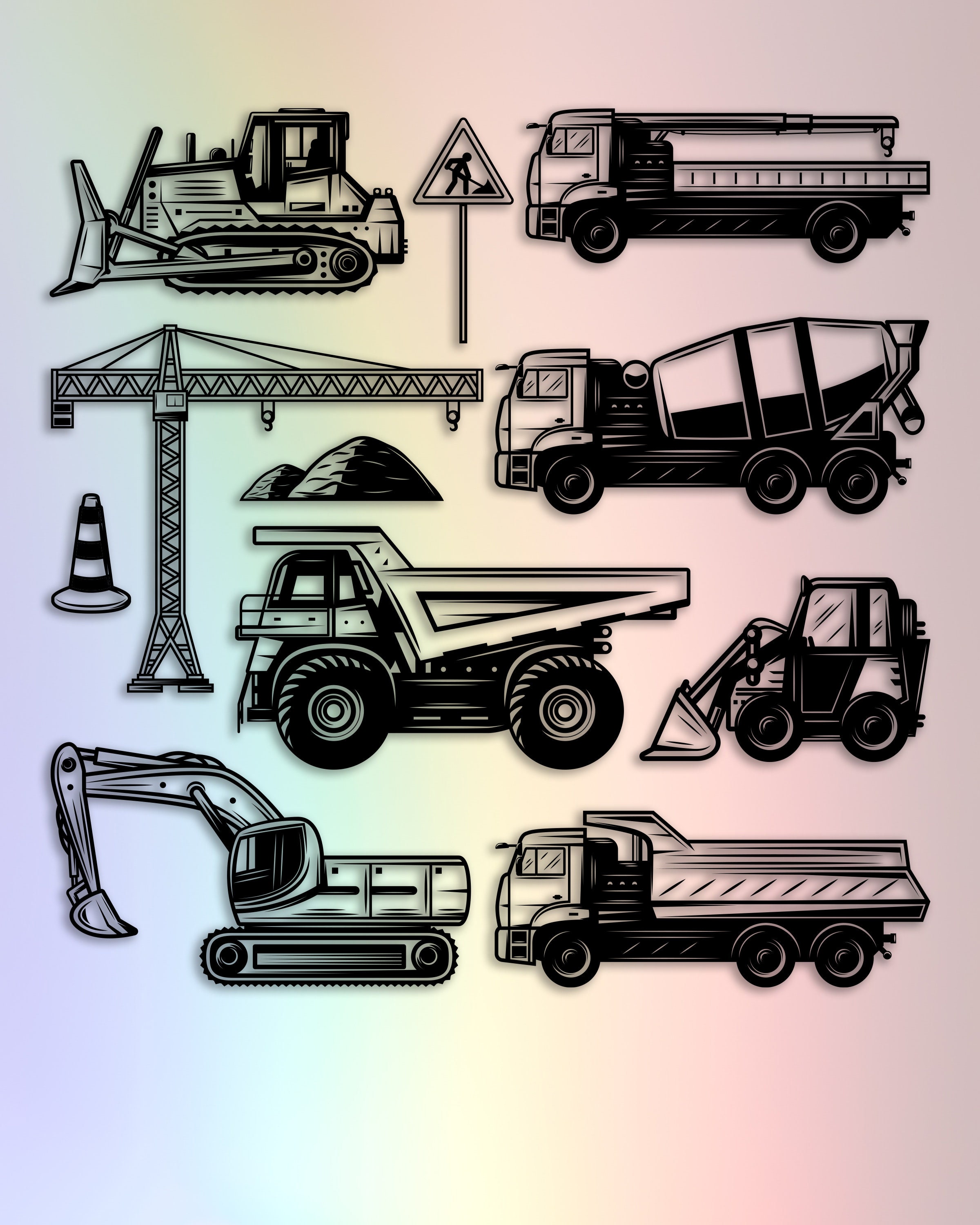 Construction Machines Set (8 Pcs) Svg Cut Dxf File Wall Sticker Pdf ...
