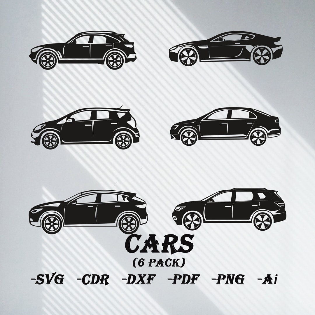 Cars (6 Pcs) Svg Cut Dxf File Wall Sticker Pdf Silhouette Engraving ...