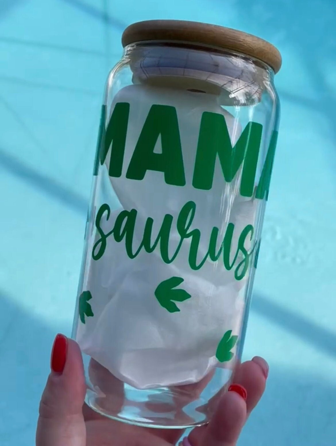 Mamasaurus Iced Coffee Cup With Lid and Straw, Personalized Glass Cup ...