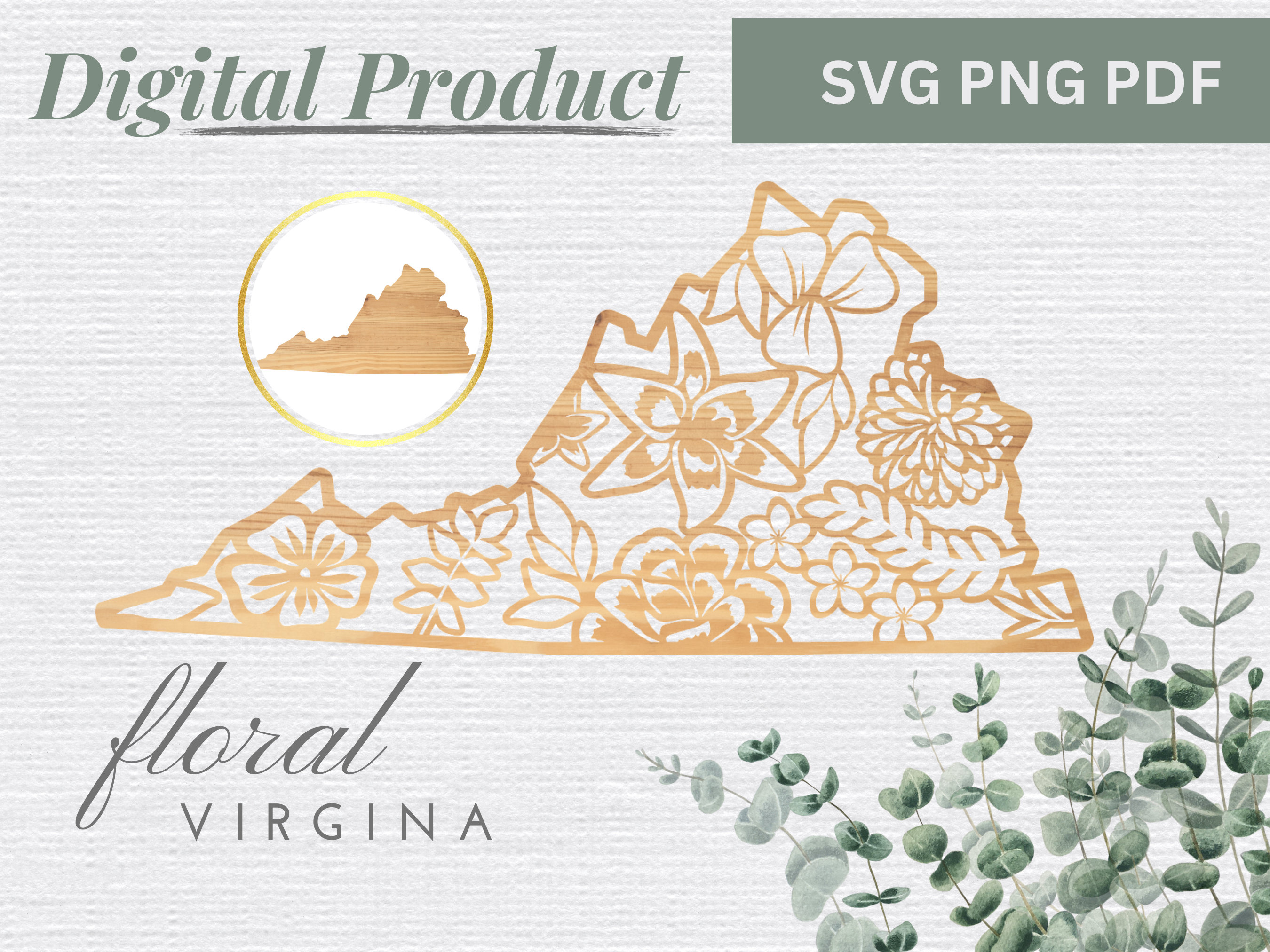 Floral Virginia Cut File, Laser SVG, Glowforge, Cricut SVG, State Shape ...