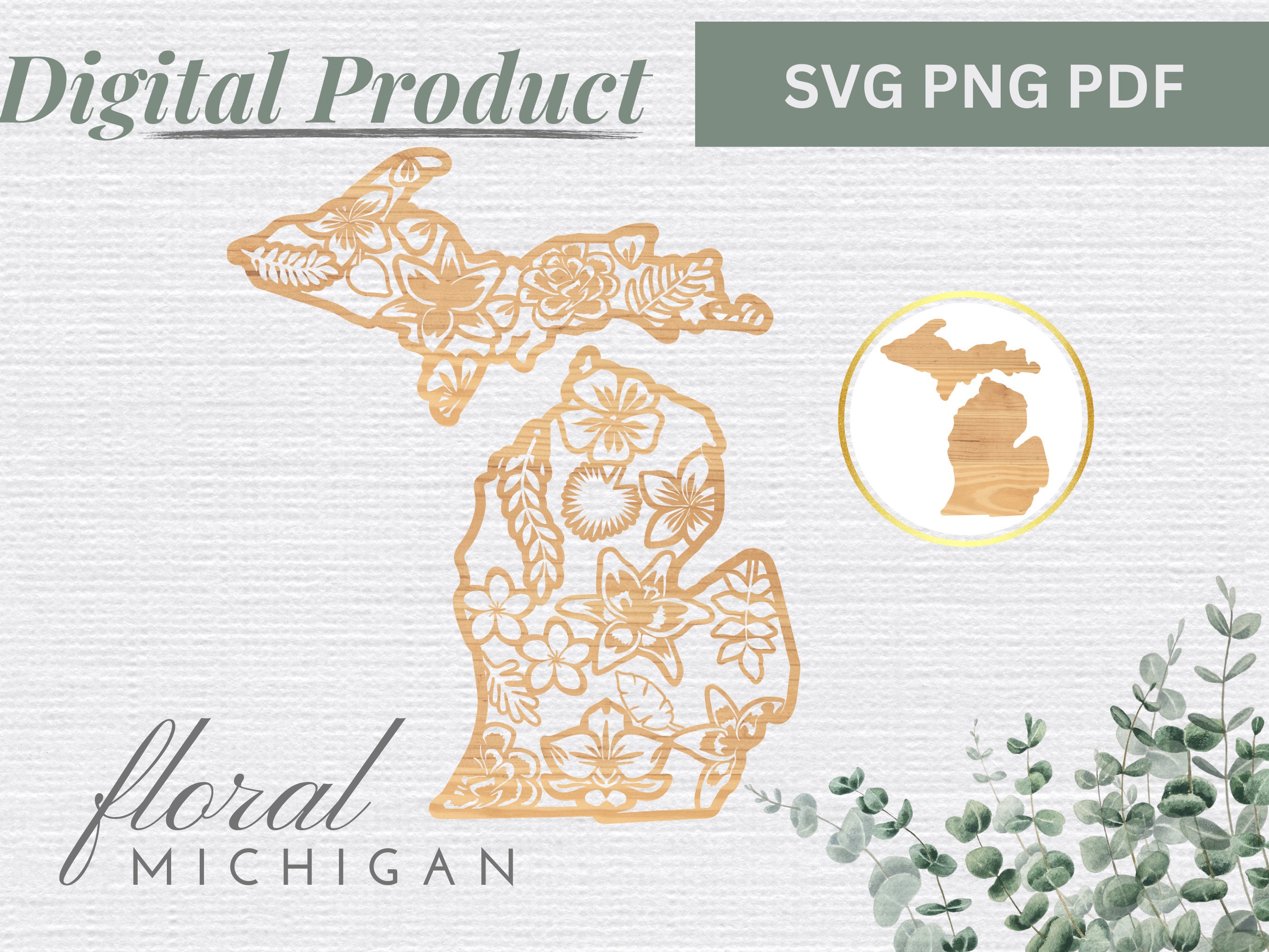Floral Michigan Cut File, Laser SVG, Glowforge, Cricut SVG, State Shape ...