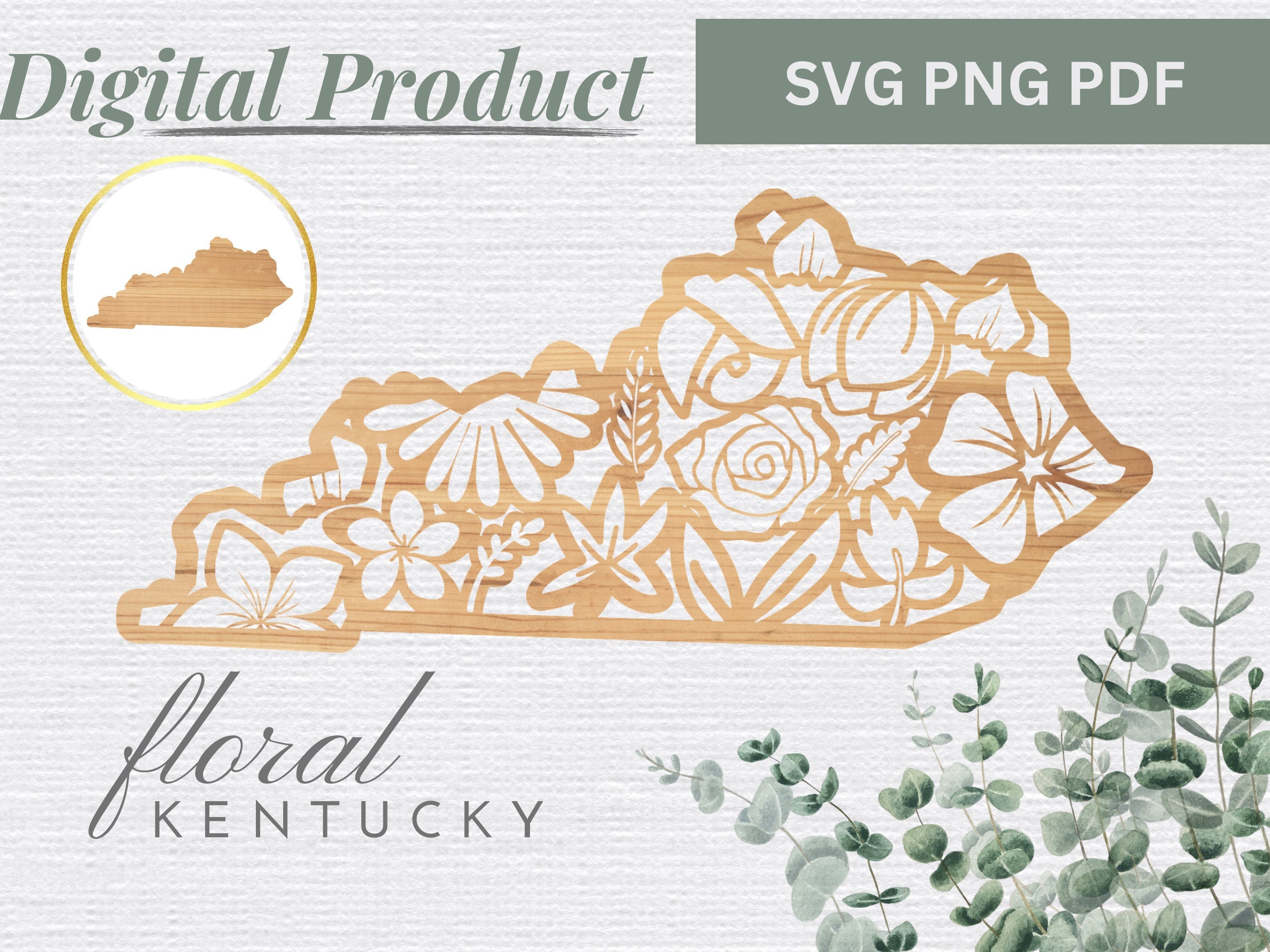 Floral Kentucky Cut File, Laser SVG, Glowforge, Cricut SVG, State Shape ...