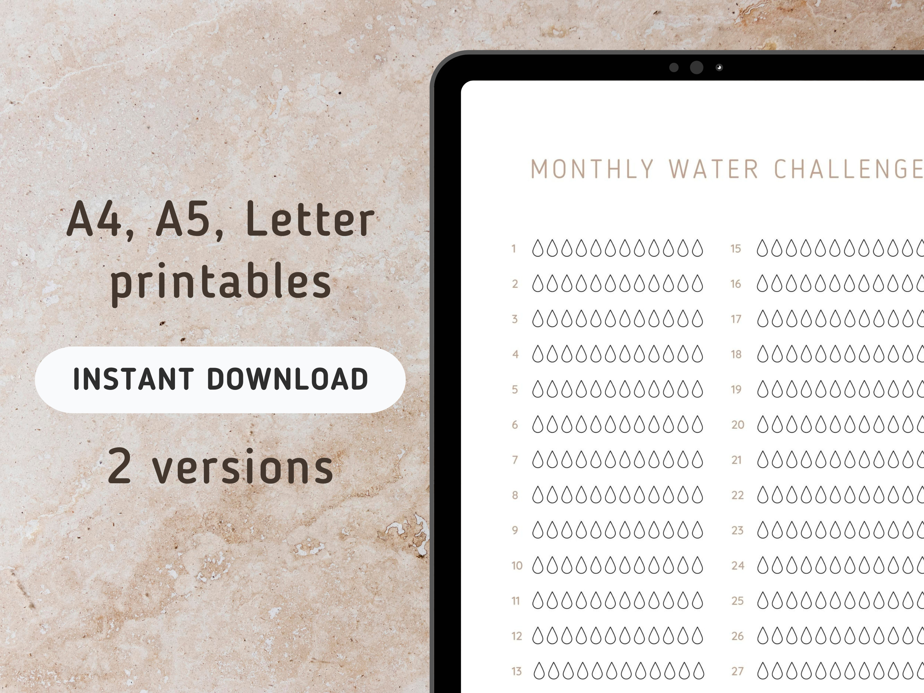 Minimal Monthly Water Tracker Printable, 30 Day Water Challenge ...