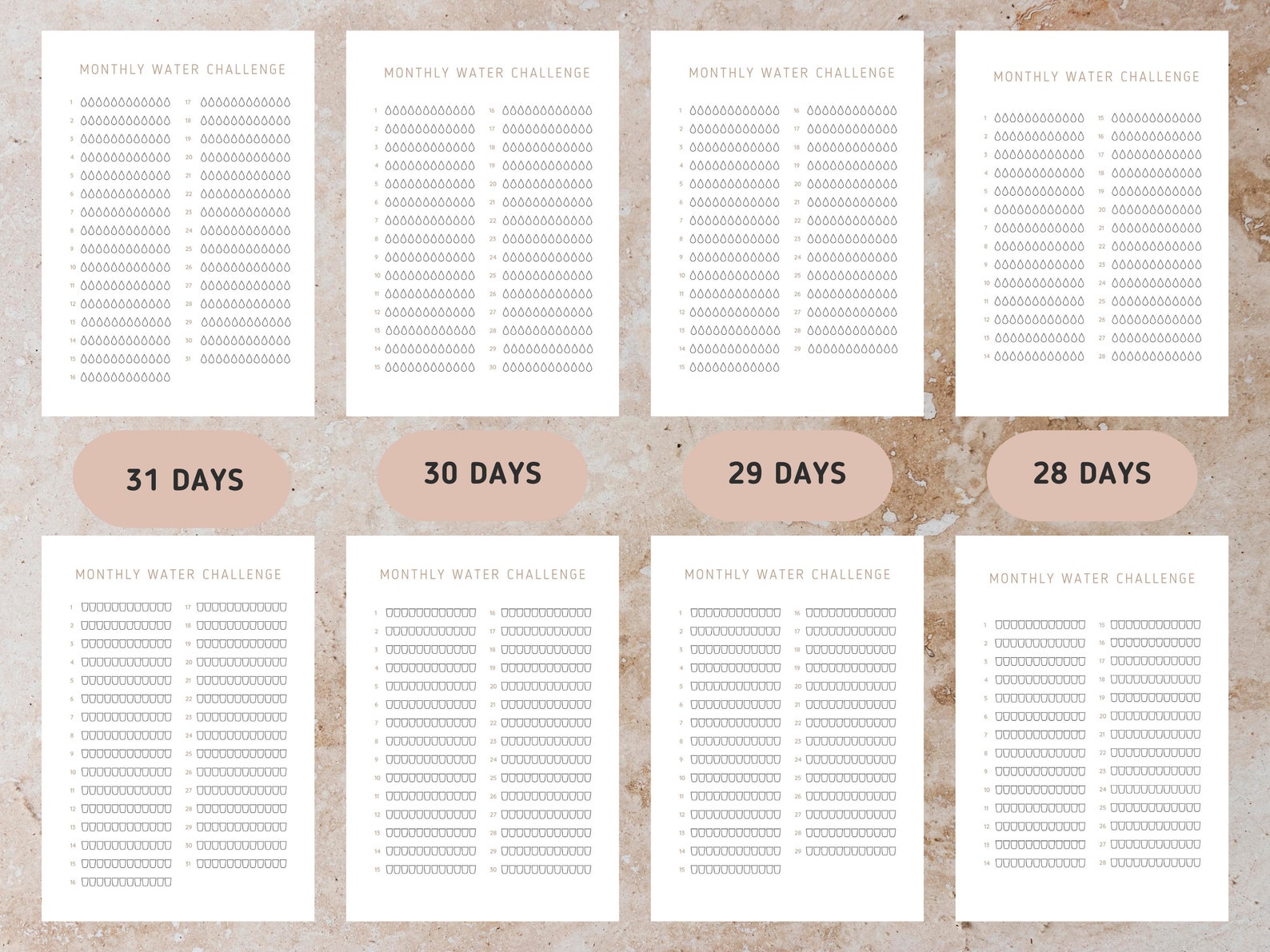 Minimal Monthly Water Tracker Printable, 30 Day Water Challenge ...