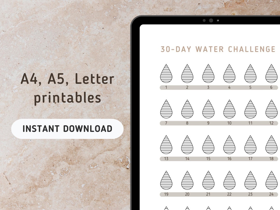 Monthly Water Tracker Printable, 30 Day Water Challenge, Hydration ...