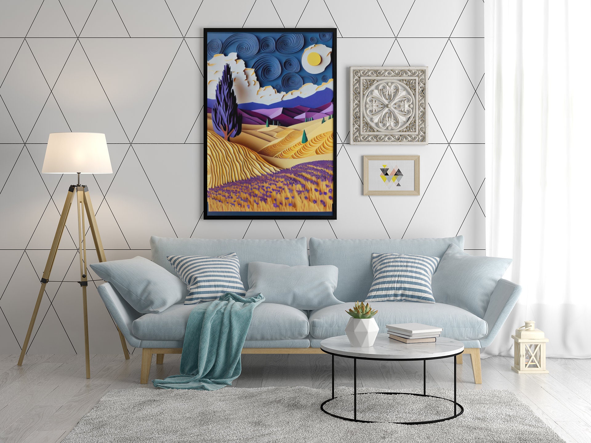 Scenic Farmland Landscape Art Print Wheat Fields Mountains and Moon ...
