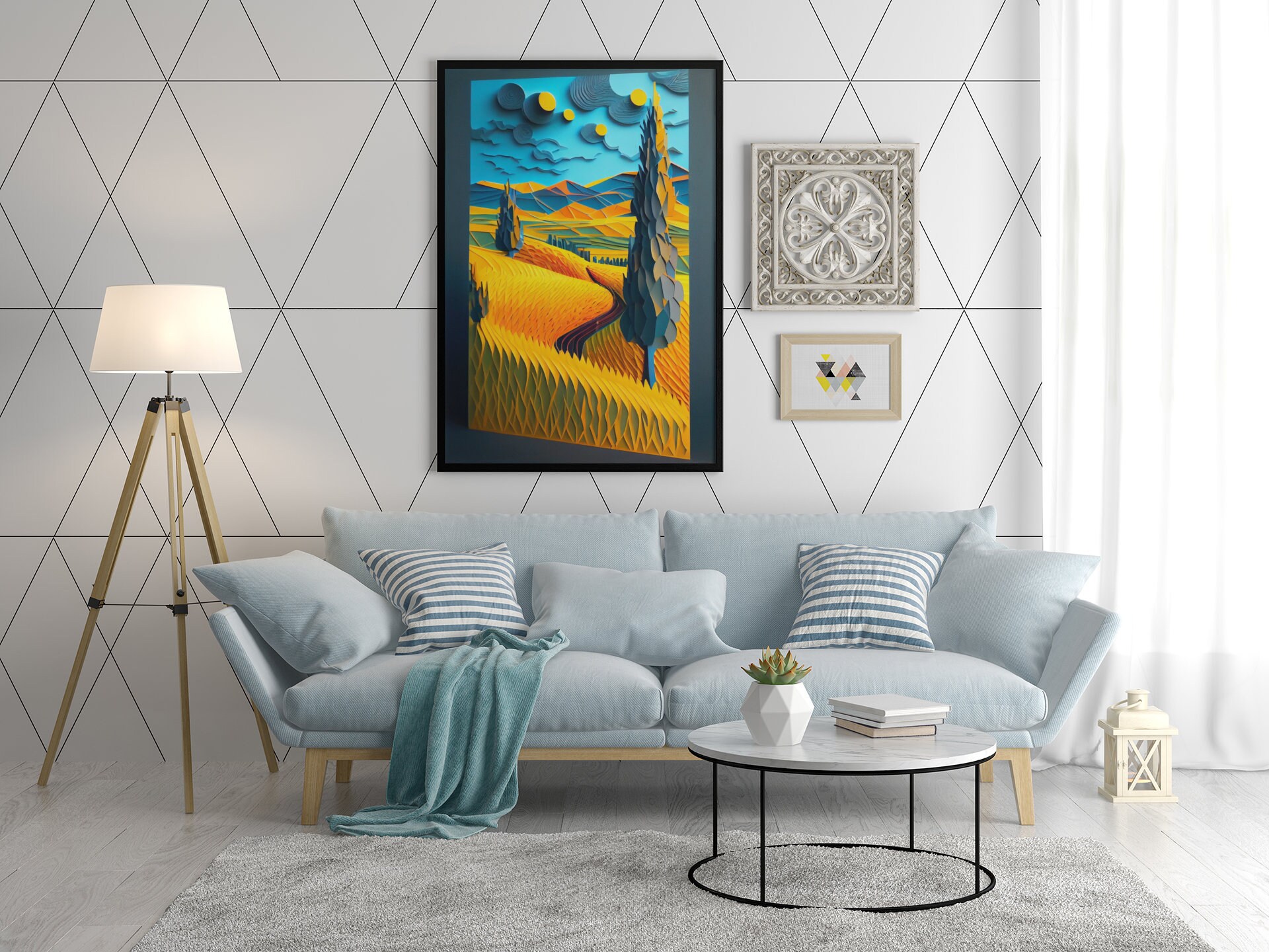 Scenic Farmland Landscape Art Print Fields Mountains and Cascading ...