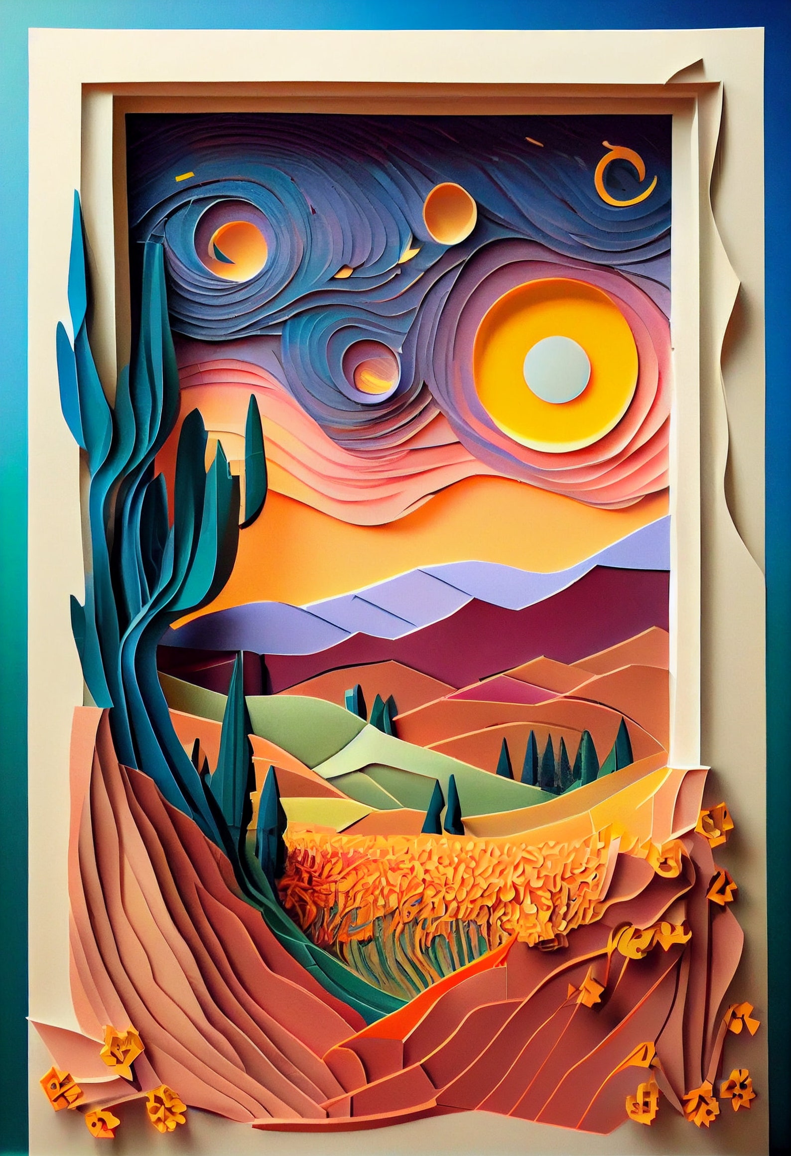Scenic Sunny Landscape Art Print Fields Mountains and Cascading Moons ...