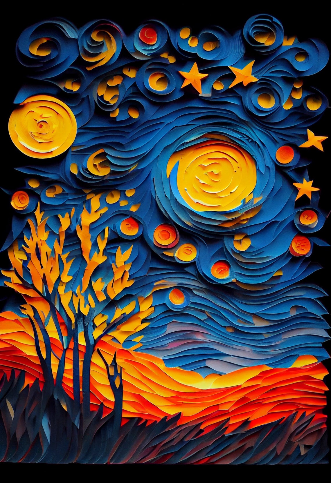 Starry Night Sky Landscape Art Print Colorful Night Sky Nature Painting ...