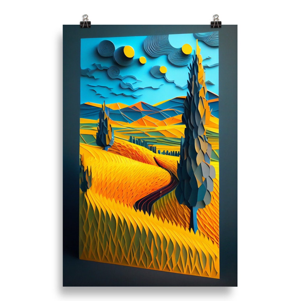 Scenic Farmland Landscape Art Print Fields Mountains and Cascading ...