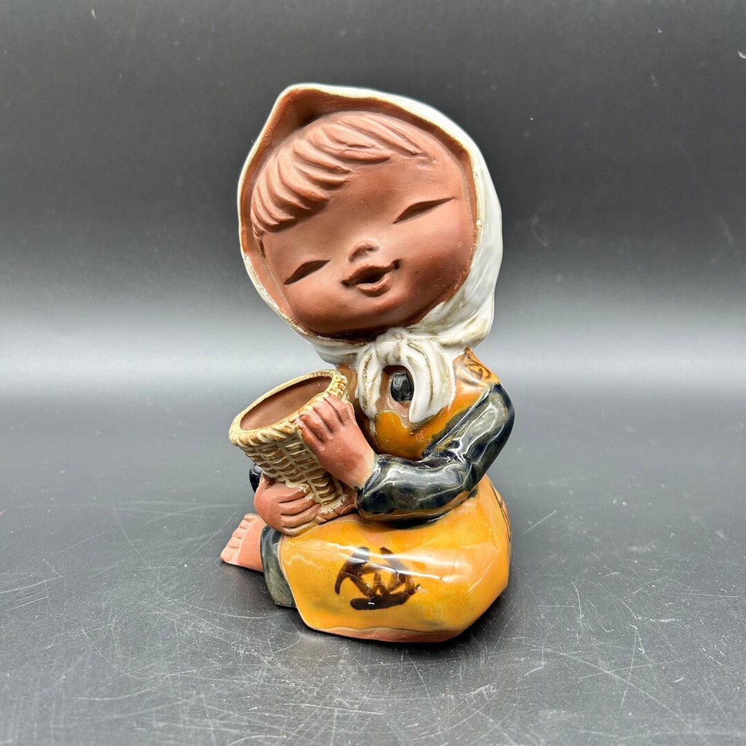 70s Redware Pottery Asian Japanese Girl Holding Basket - Etsy