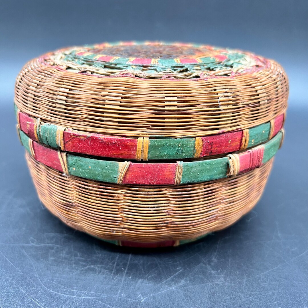 Handmade Reed and Cane Lidded Basket - Etsy
