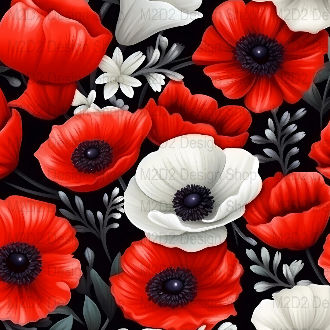 Digital Poppy Floral Wallpaper, Red and White Flower Background ...