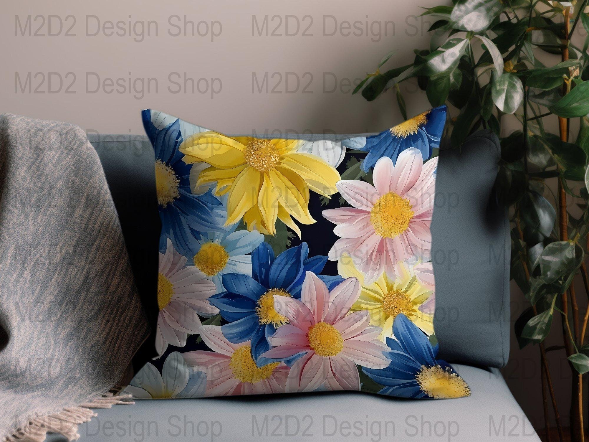 Floral Digital Wallpaper, Yellow Pink Blue Daisy Print, Spring Desktop ...