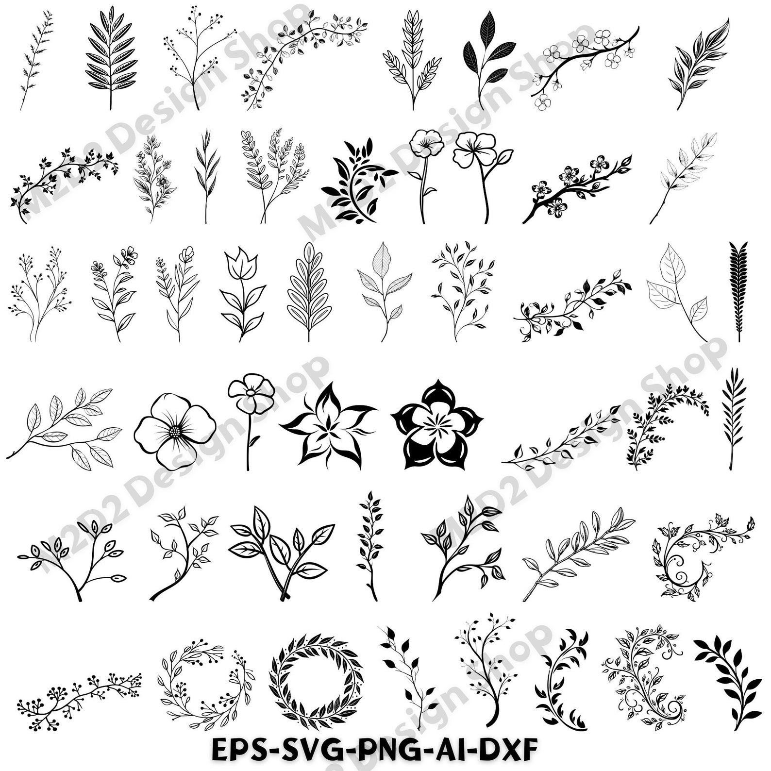 50 Leaves SVG Bundle, Hand Drawn Leaves SVG, Plant Svg, Flower Clipart ...