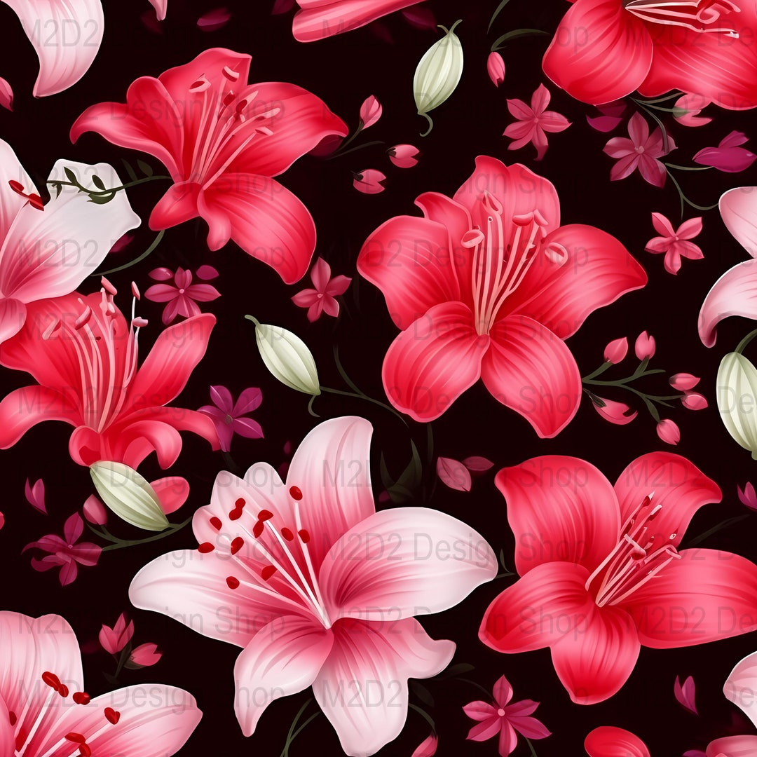 Floral Digital Wallpaper, Red and White Lily Flower Design, Botanical ...