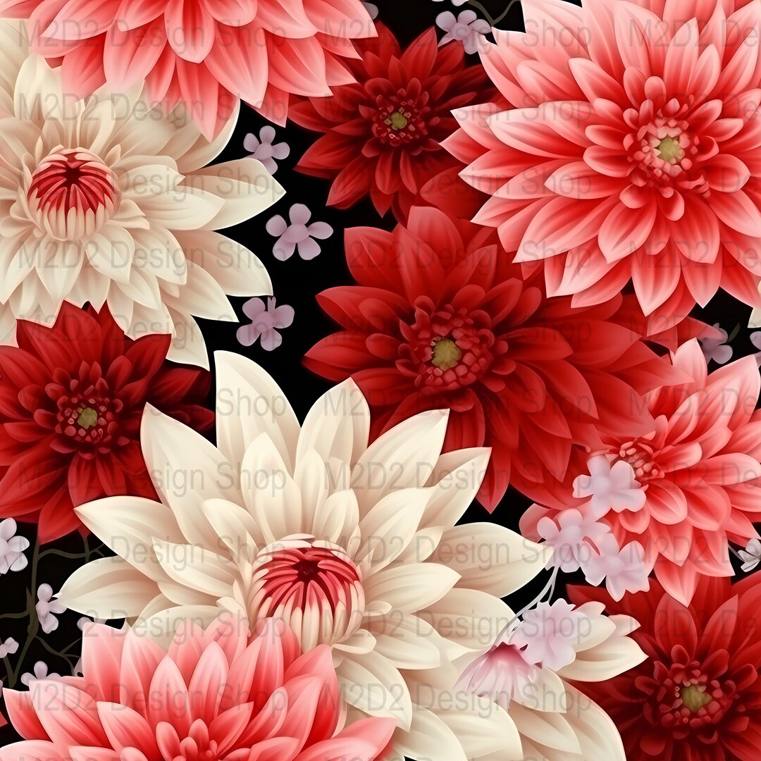 Floral Digital Paper Pack, Red and Cream Dahlia Patterns, Scrapbooking ...