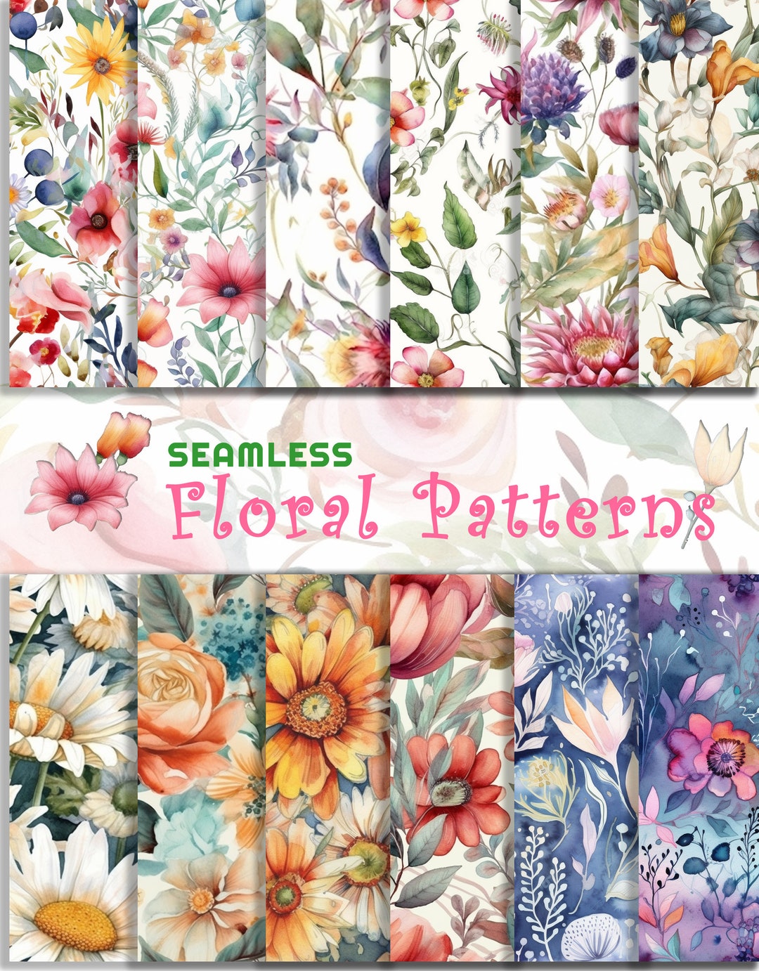 Floral Digital Paper - SEAMLESS - Watercolor Flower Patterns - 12 ...