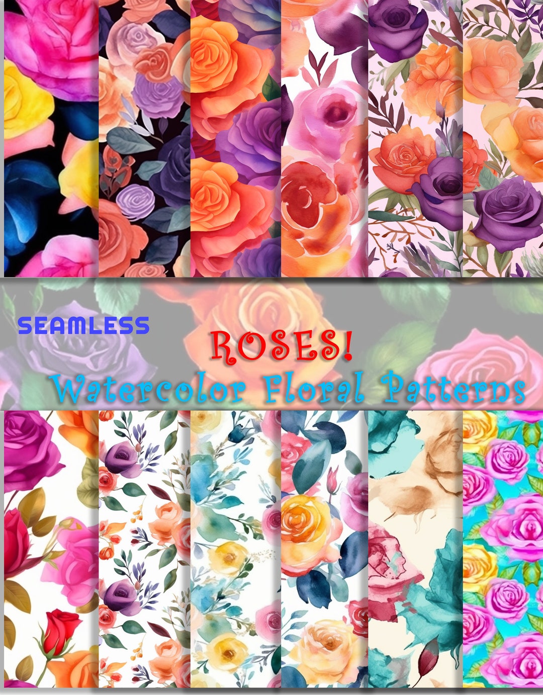 Floral Digital Paper - SEAMLESS - Watercolor Roses Flower Patterns - 12 ...