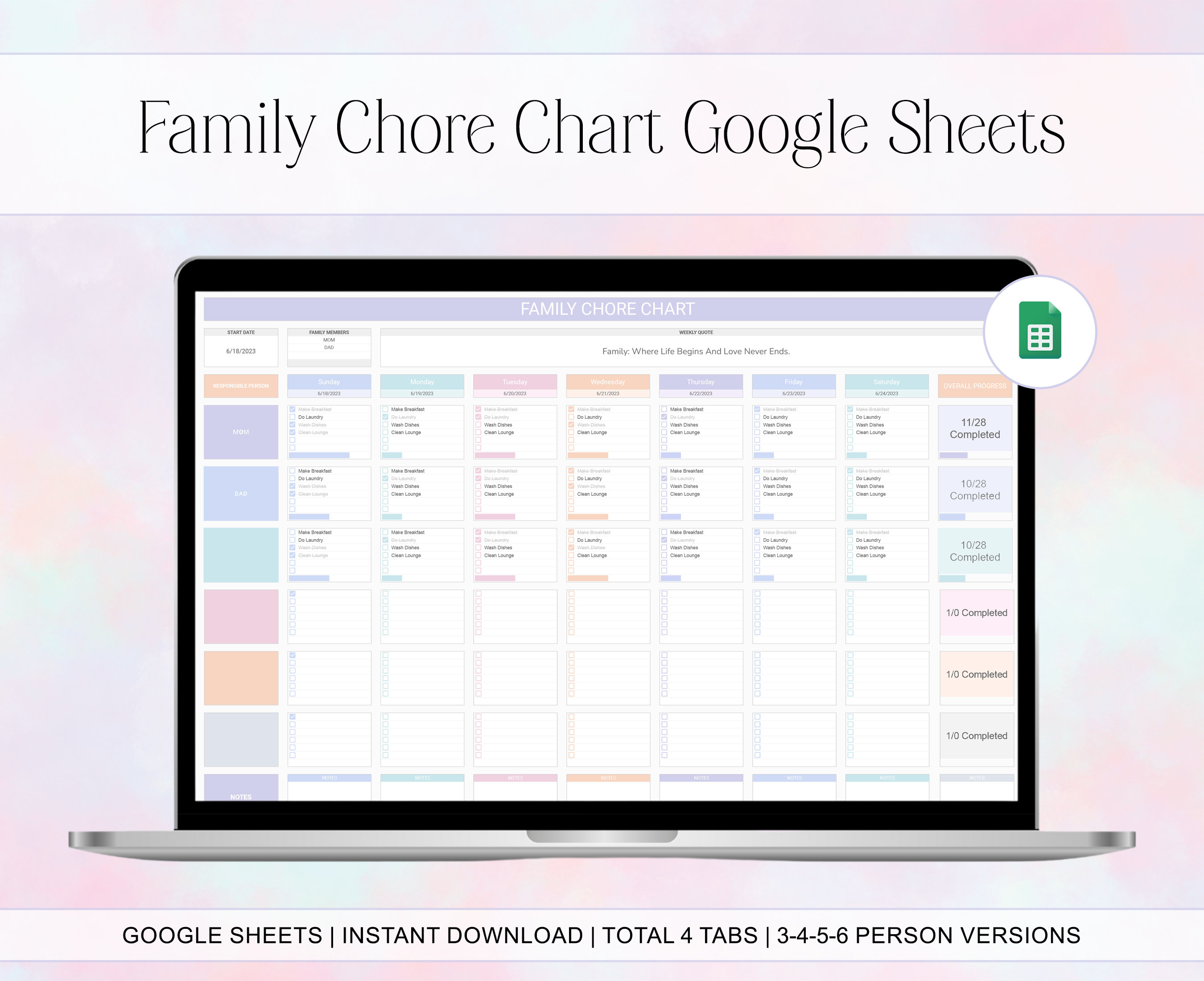 Family Chore Chart Google Sheets Template Editable Weekly - Etsy