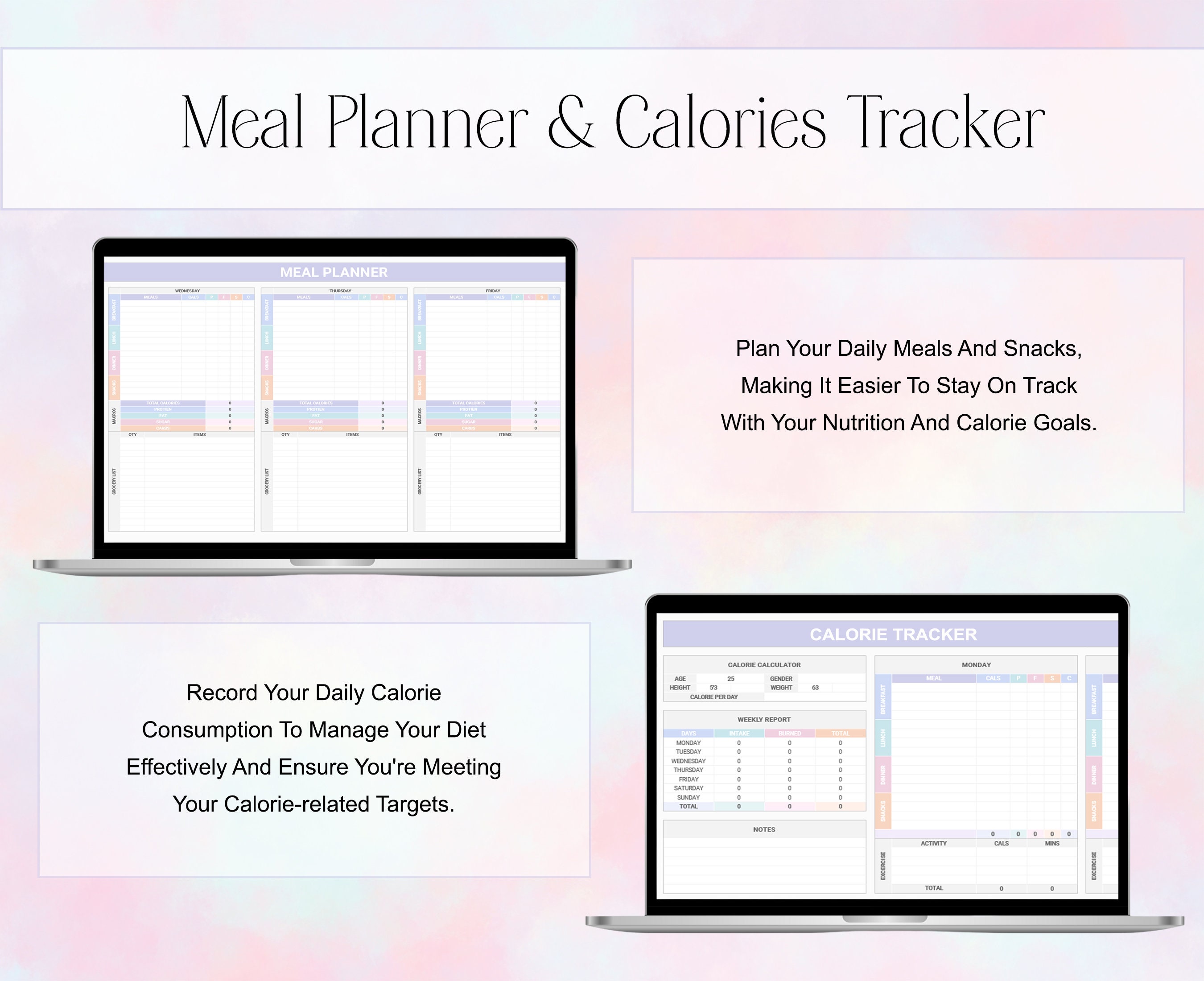 Weight Loss & Fitness Tracker Google Sheets Spreadsheet, Calorie ...
